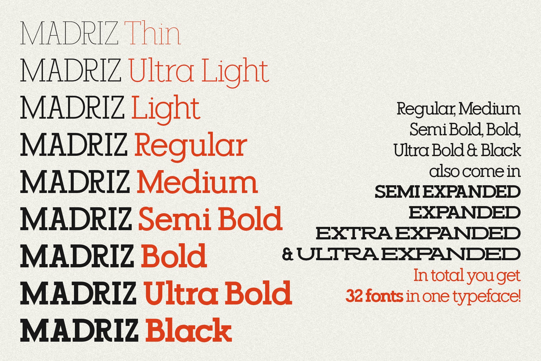 Madriz – A Retro Slab Serif Typeface Family with 32 Styles